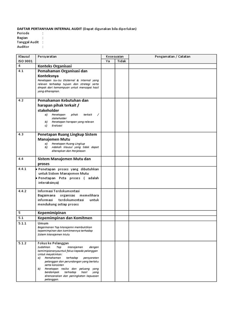Checklist Internal Audit | PDF