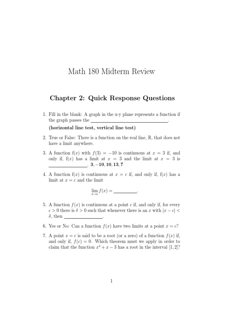 Math 180 Midterm Review: Chapter 2: Quick Response Questions | PDF ...