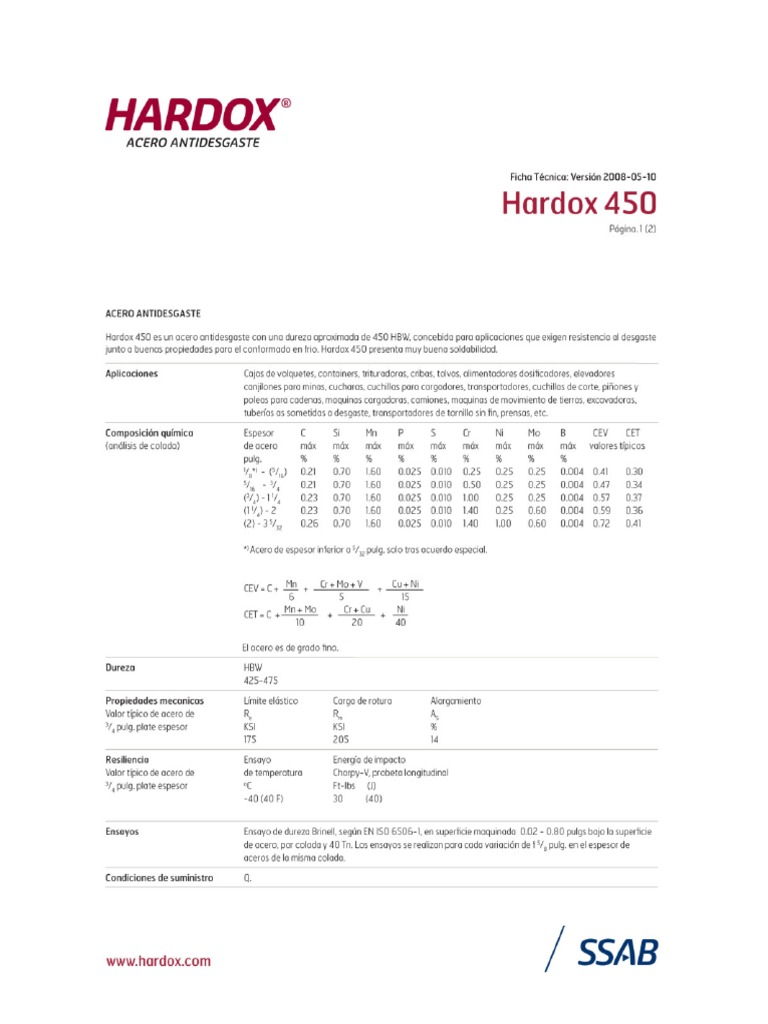 Hardox 450 Ficha Técnica | PDF