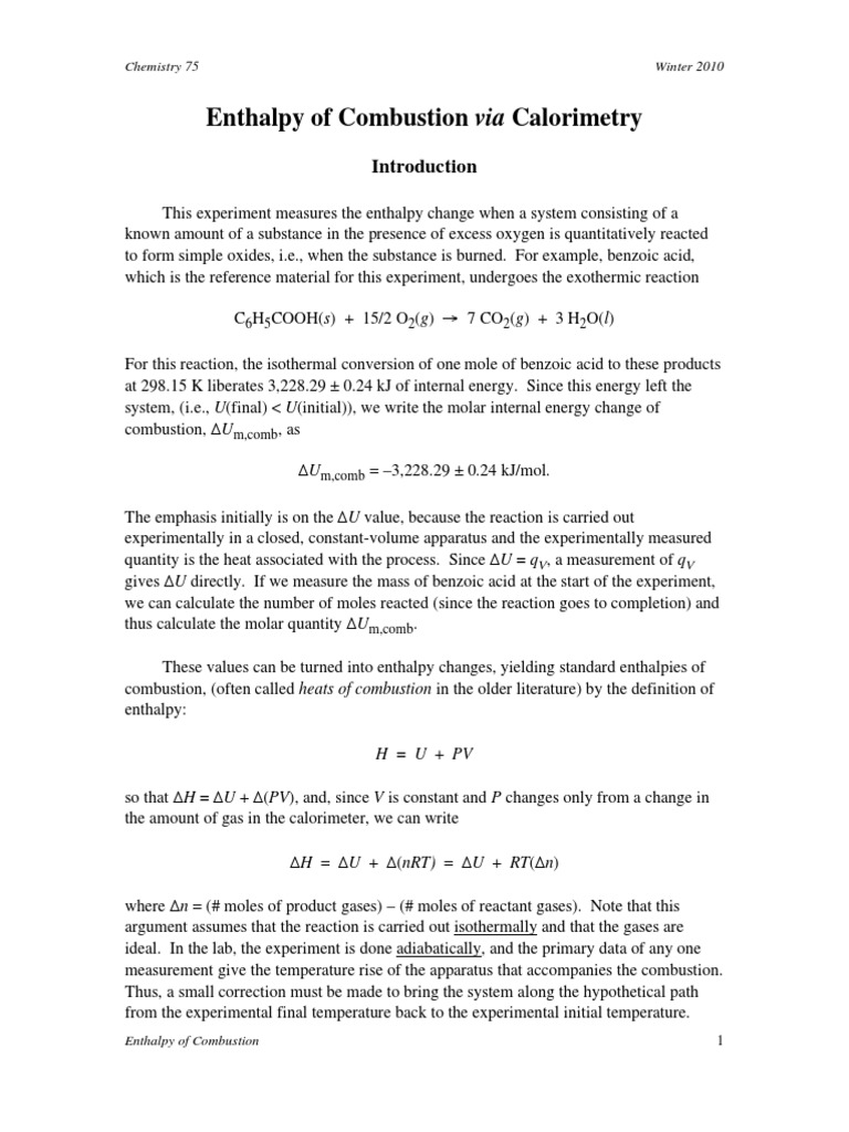 Measuring Enthalpies of Combustion Using Calorimetry: A Laboratory ...