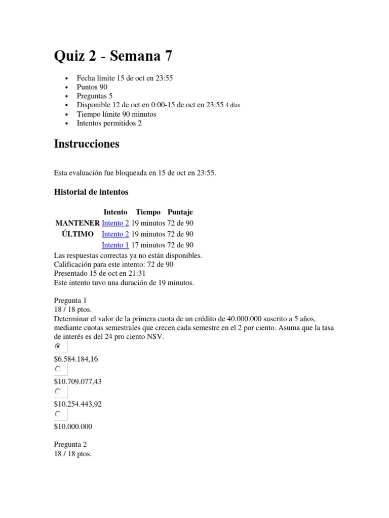 Quiz 2 Semana 7 Matematica Financiera | PDF | Crédito | Finanzas y dinero