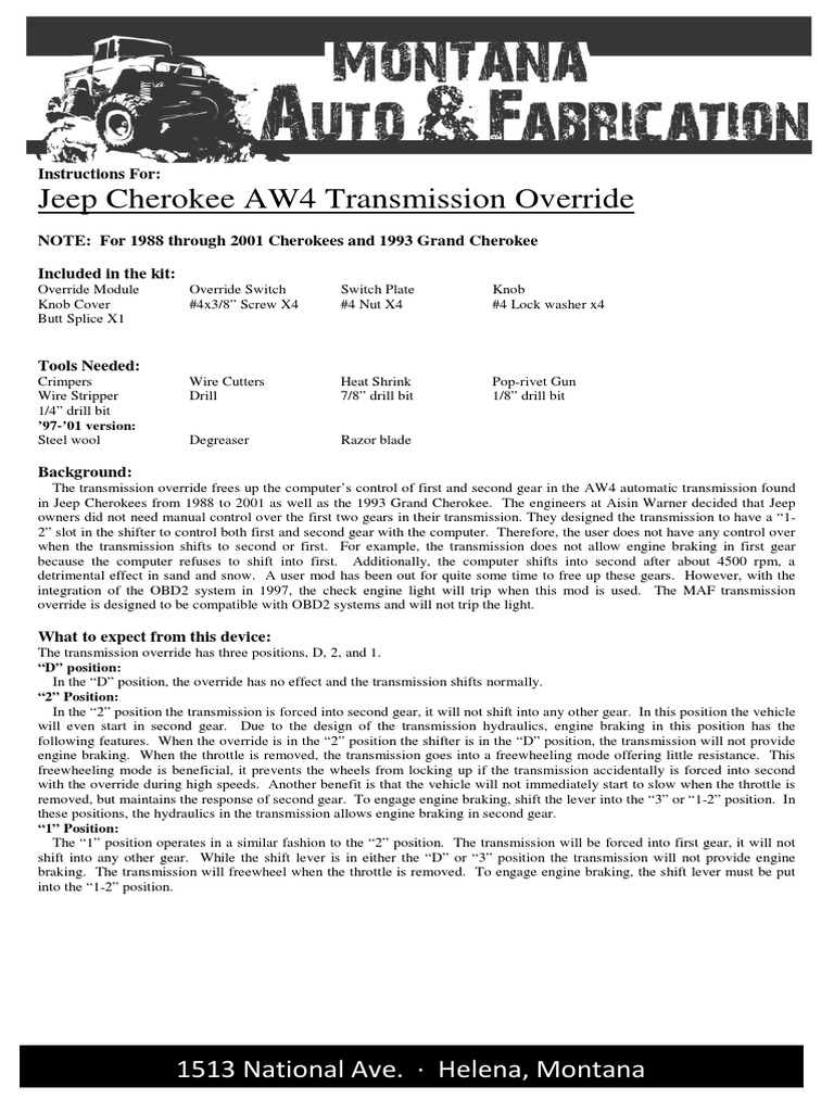 Jeep Cherokee AW4 Transmission Override Guide | PDF | Transmission ...