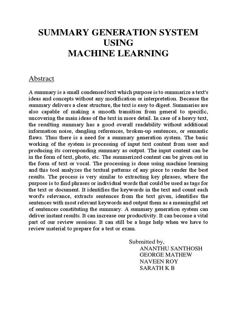 Summary Generation System Using Machine Learning: Submitted By | PDF