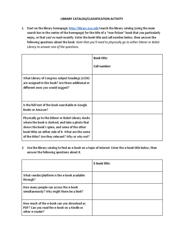 Library To Answer One of The Questions.: Library Catalog/Classification ...