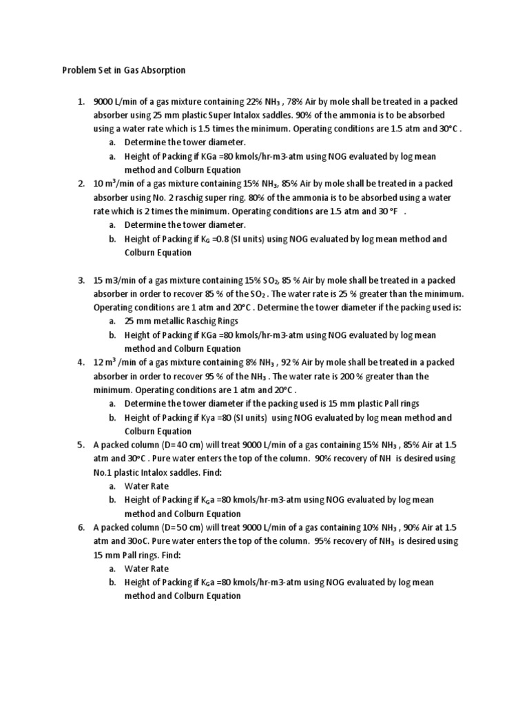 Prob Set Gas Absorption - 2015 | PDF | Pressure | Chemical Equilibrium