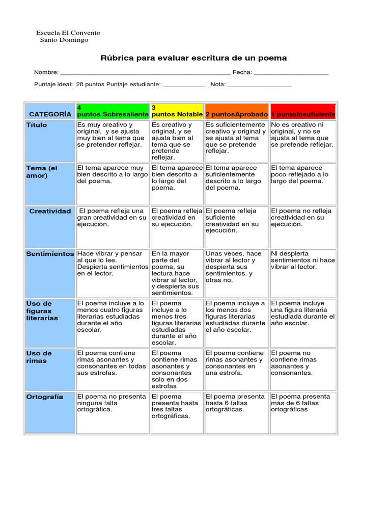 Rúbrica Escritura Poema | Escritura | Poesía