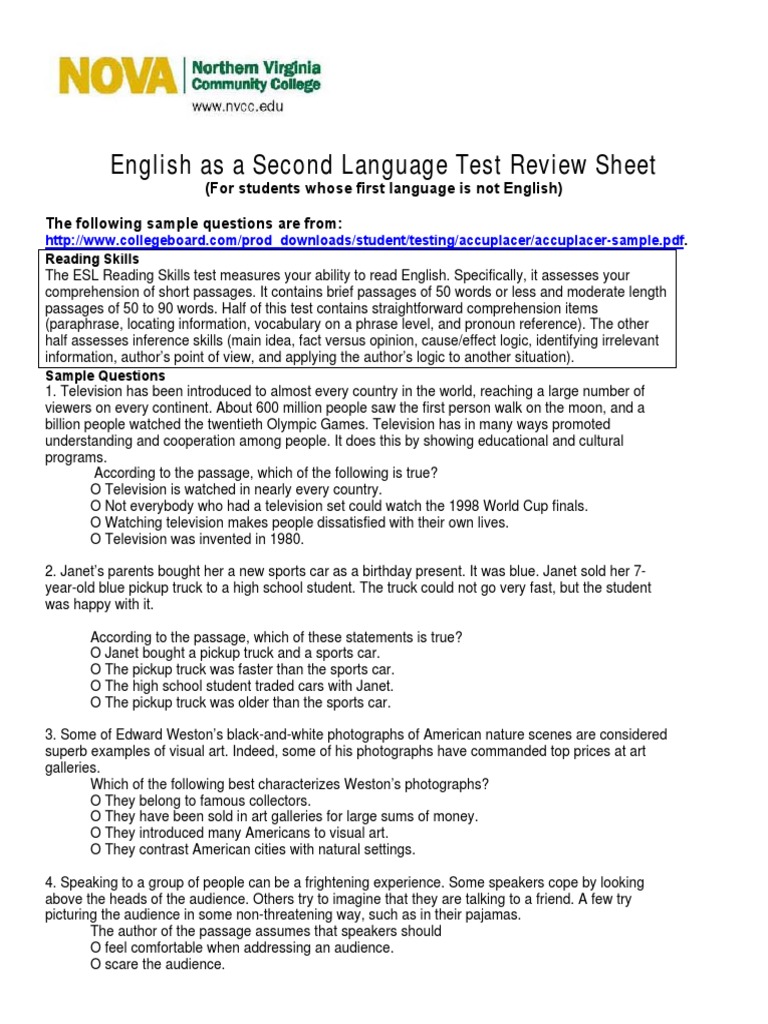 English As A Second Language Test Review Sheet | PDF | English Language ...