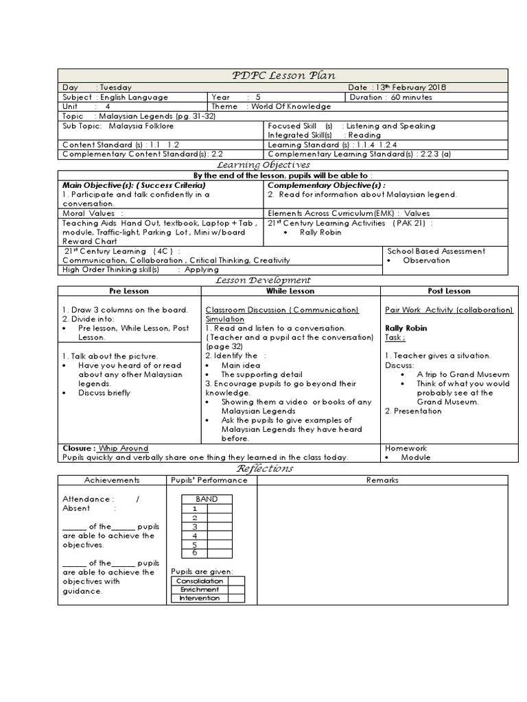 PDPC Lesson Plan: by The End of The Lesson, Pupils Will Be Able To ...