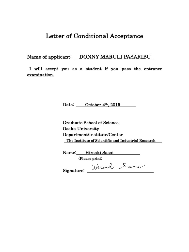 10 Letter of Conditional Acceptance With Signature | PDF