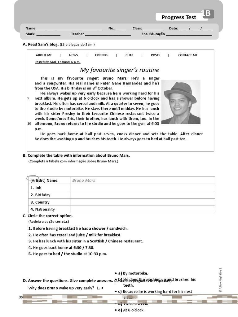 HF6 Assessment Progress Test 1B | PDF | Lunch | Meal
