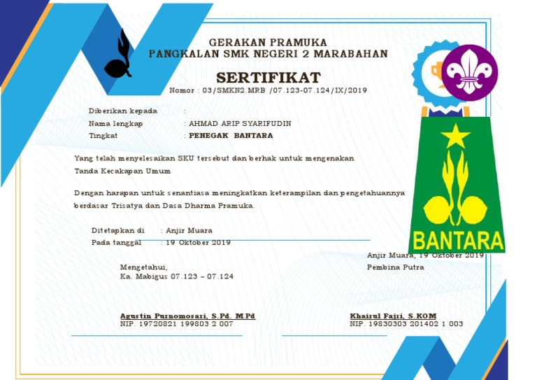Sertifikat Pramuka Penegak Ahmad Arip | PDF