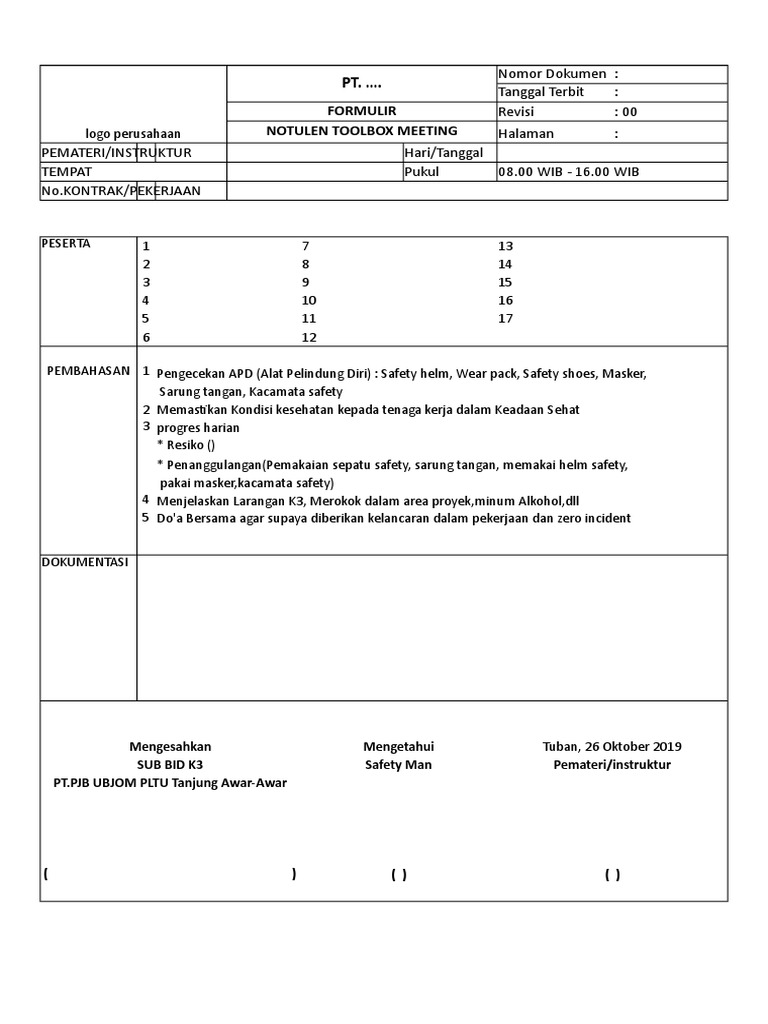 Formulir Notulen Toolbox Meeting:: 00 | PDF