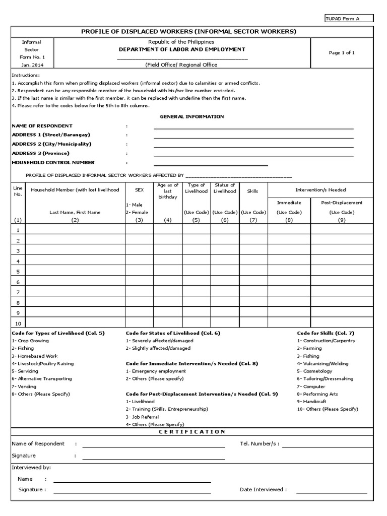 Profile of Displaced Workers (Informal Sector Workers) : Department of ...