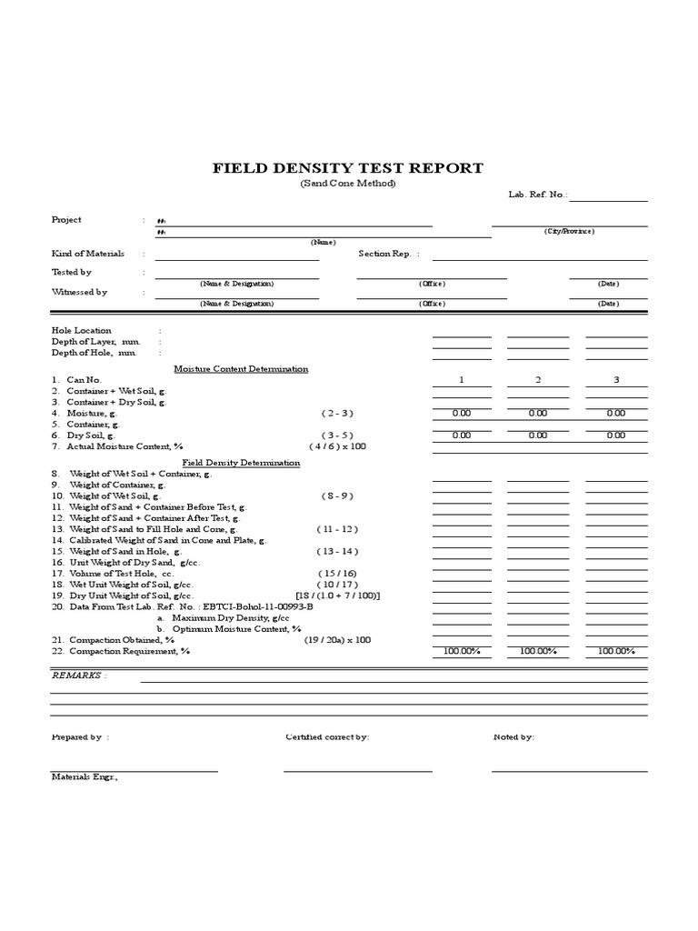 Field Density Test Report Sand Cone Method Pdf Horticulture And