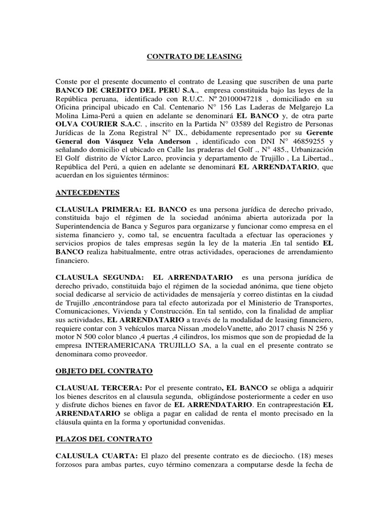 Contrato de Leasing | PDF | Póliza de seguros | Arbitraje