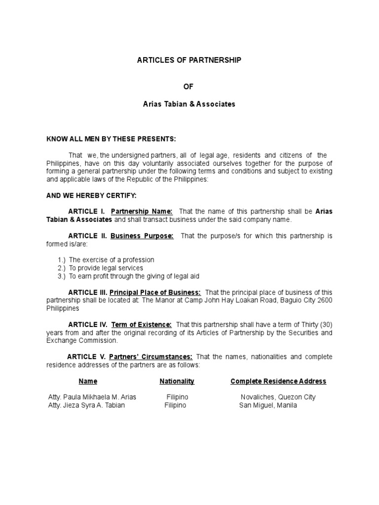 Articles of Partnership | PDF | Philippines | Business