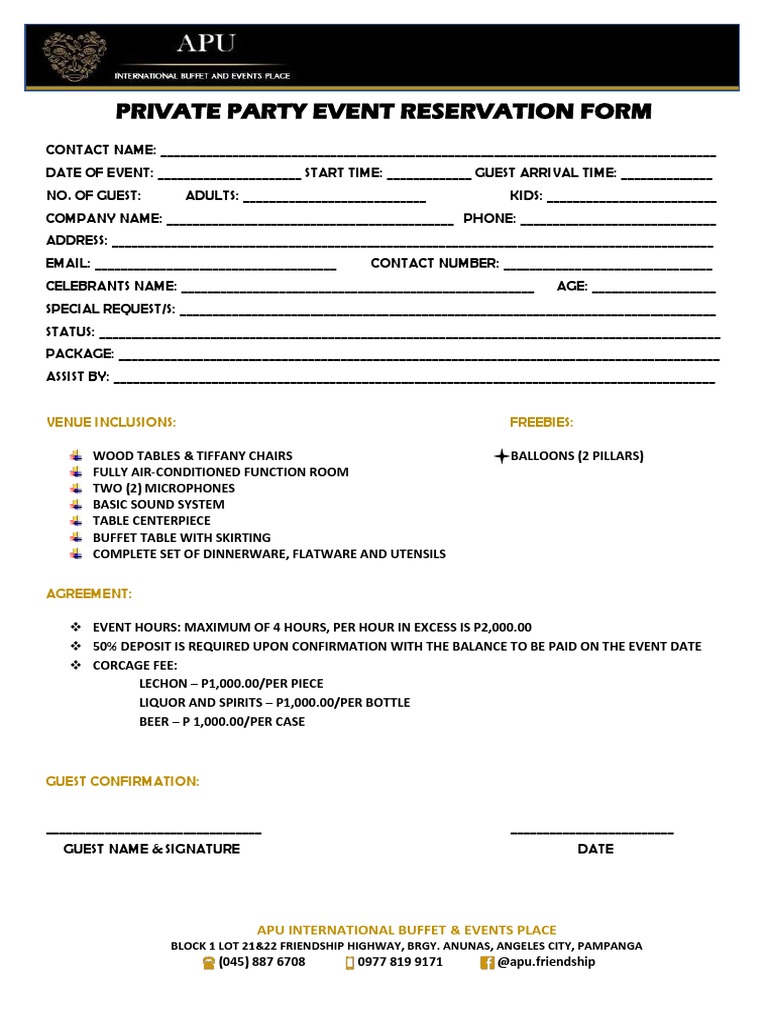 Planning a Private Party: A Comprehensive Reservation Form and Buffet ...