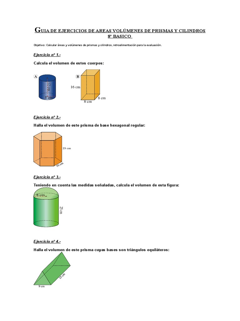 Uia De Ejercicios De Areas Volúmenes De Prismas Y Cilindros 8º Basico