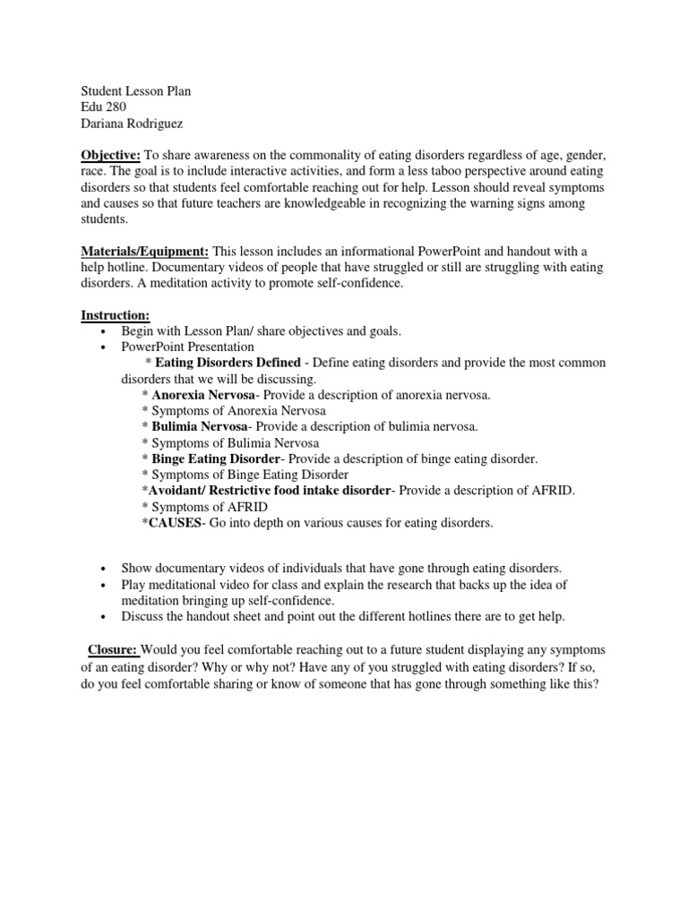 Student Lesson Plan | PDF | Eating Disorder | Bulimia Nervosa