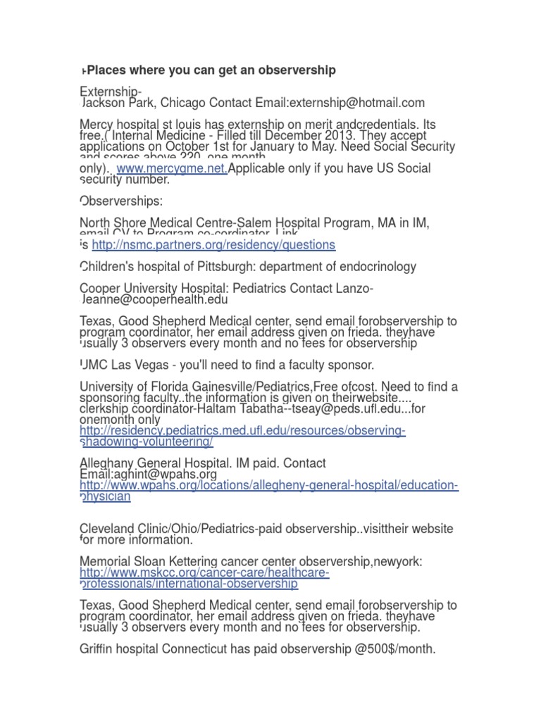 Observership Opportunities in the USA | PDF | Medical School | Hospital