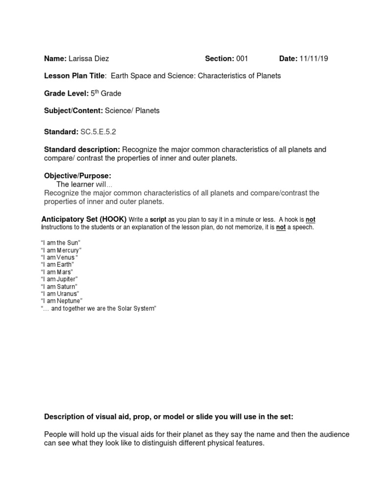 Earth Science Lesson Plan For Inner and Outer Planets | PDF | Learning ...
