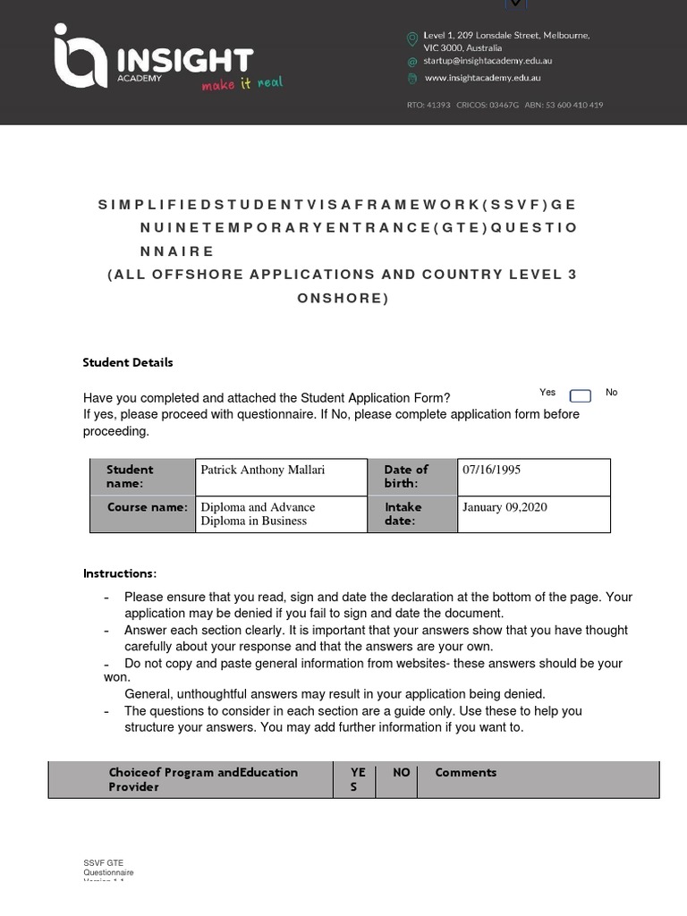 SSVF GTE Questionnaire for Student Visa | PDF | Travel Visa | Question
