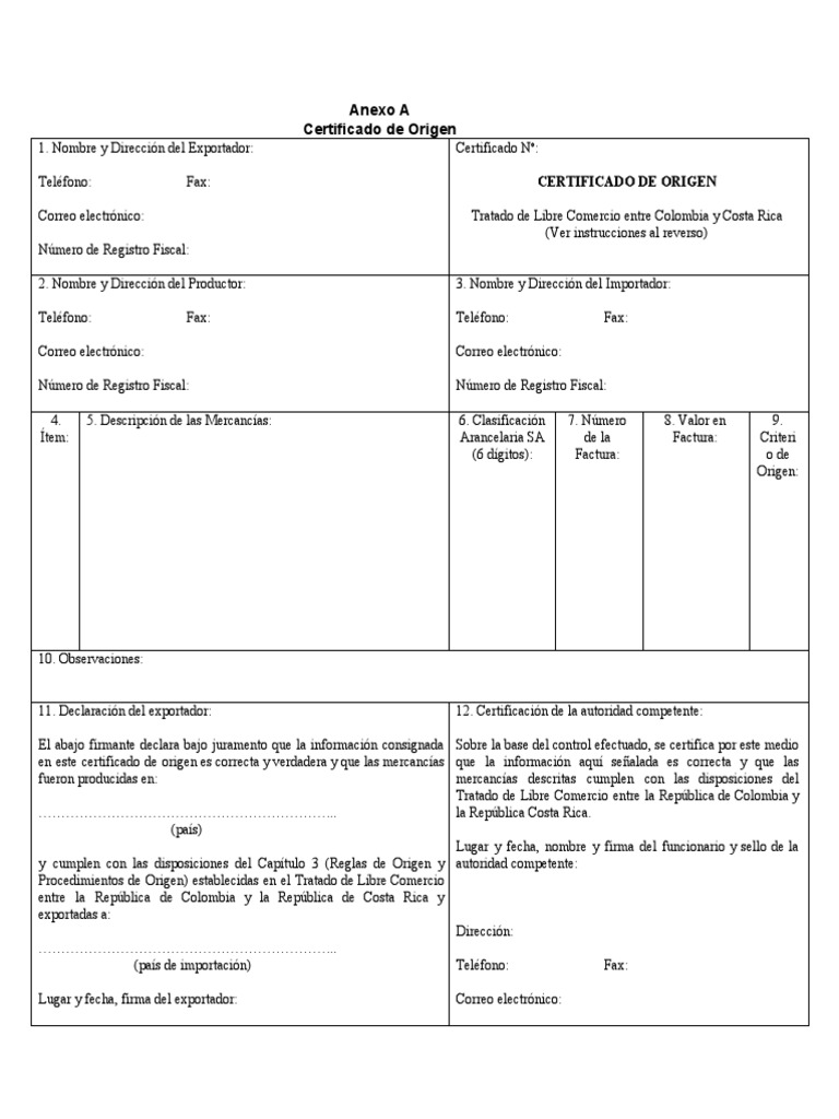 Certificado de Origen TLC Costa Rica Colombia | PDF | Fax | Business Certificado de Origen TLC Costa Rica Colombia | PDF | Fax | Business
