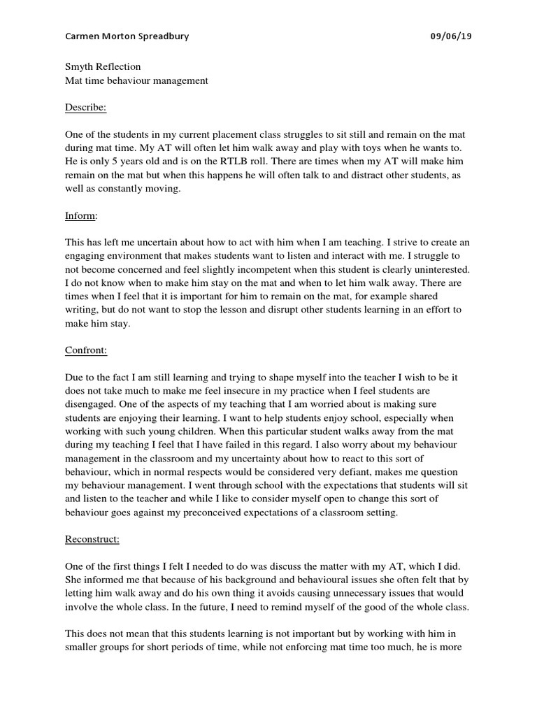 Smyth Reflection Laingholm 1 | PDF | Classroom | Education Theory