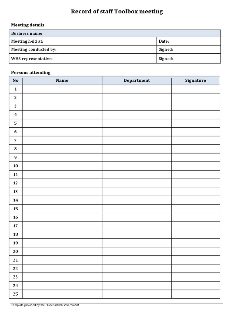 Record of Staff Toolbox Meeting Template | PDF