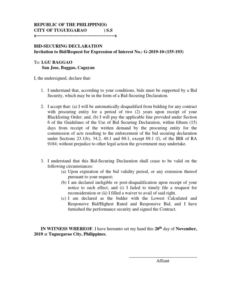 Bid Securing Declaration Form | PDF | Notary Public | Affidavit