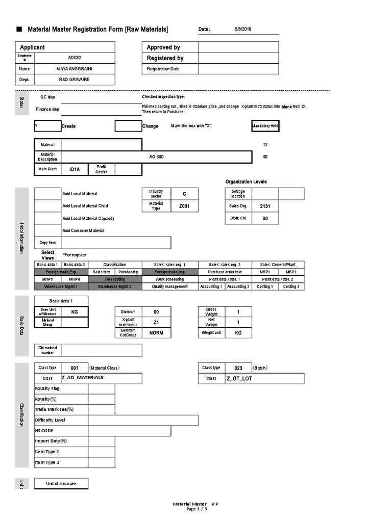 Material Master Registration Form (Raw Materials) : Applicant Approved ...