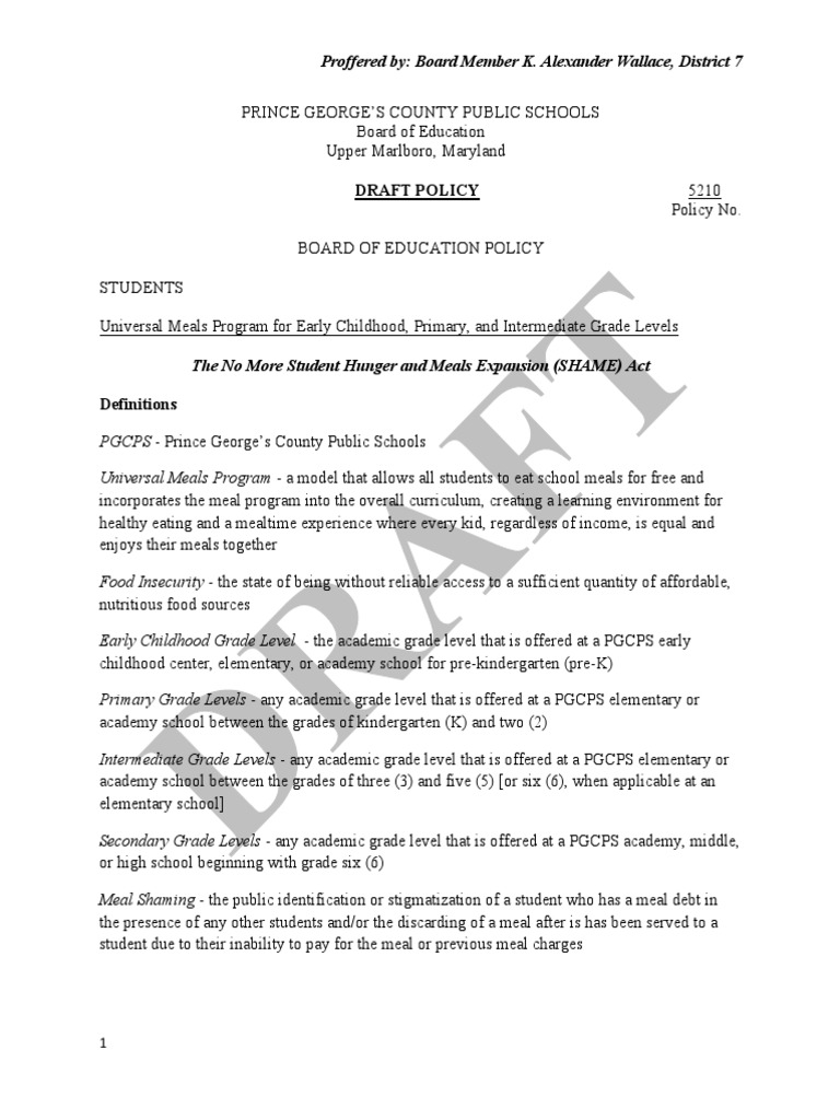 DRAFT Policy - 5210 - Universal Meals Program | PDF | Food Security ...