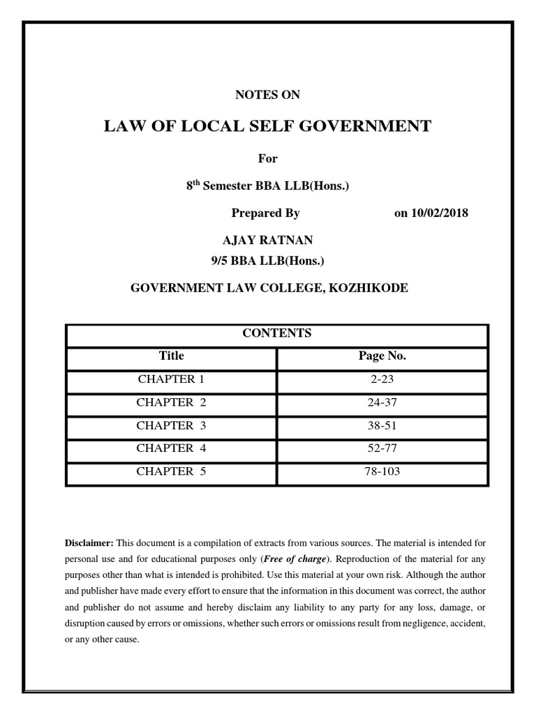 Law of Local Self Government Notes | PDF | Government Of India ...