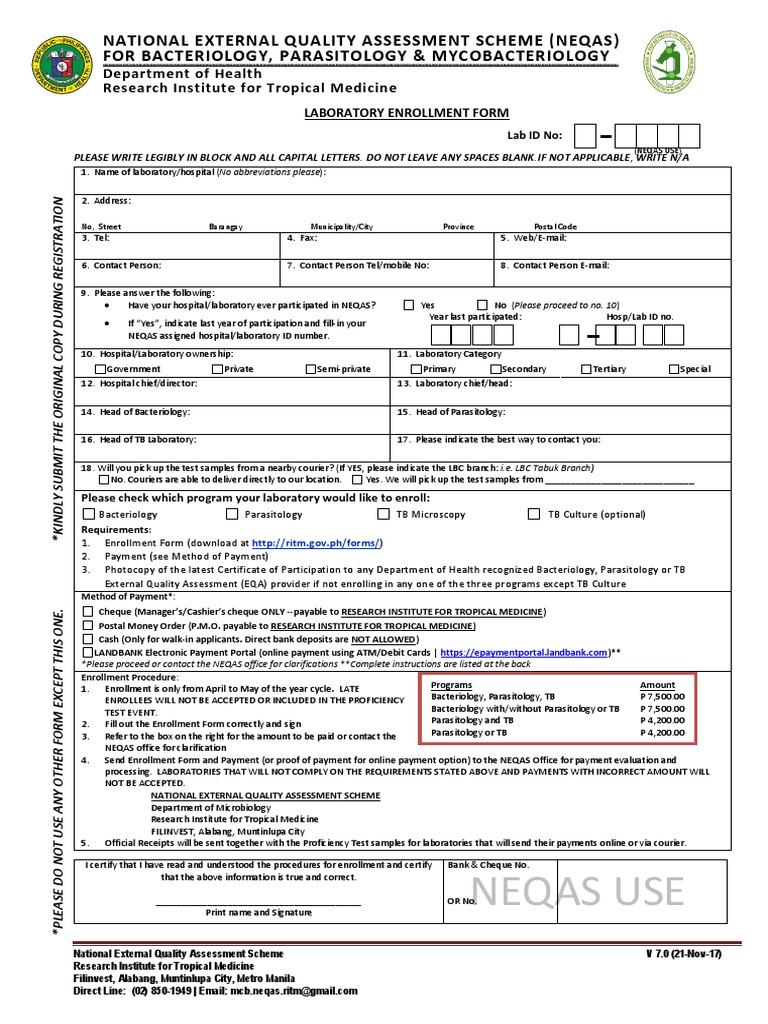 NEQAS Enrollment Form V7.0 PDF | PDF | Payments | Debit Card