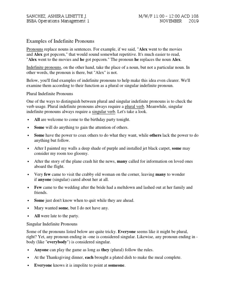 Examples of Indefinite Pronouns | PDF | Pronoun | Grammatical Number