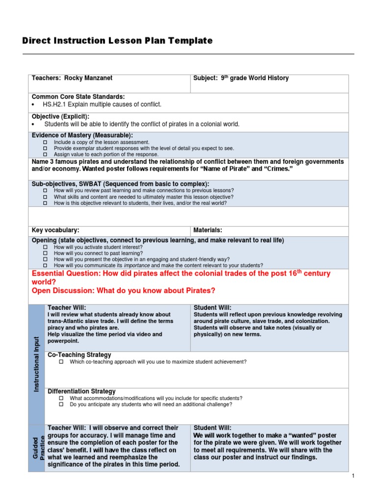 Direct Instruction Lesson Template | PDF | Piracy | Teachers
