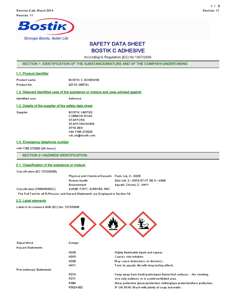 Bostik C Adhesive Msds | PDF | Firefighting | Dangerous Goods