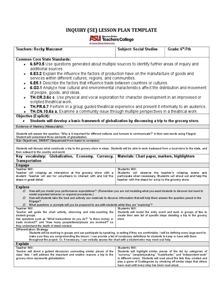 Inquiry (5E) Lesson Plan Template: Additional Sources. Services Within ...