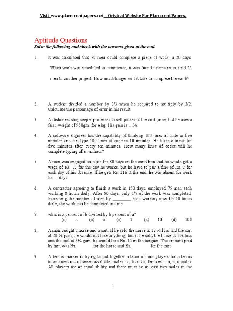 Aptitude Test Paper by Placement Papers | PDF | Teaching Mathematics