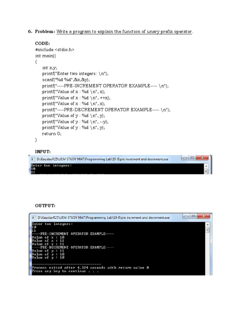 Problem: Write A Program To Explain The Function of Unary Prefix Operator. Code | PDF | Integer ...