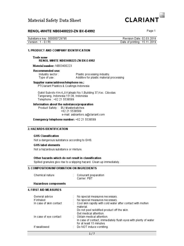 RENOL-WHITE Safety Data Sheet | PDF | Toxicity | Dangerous Goods