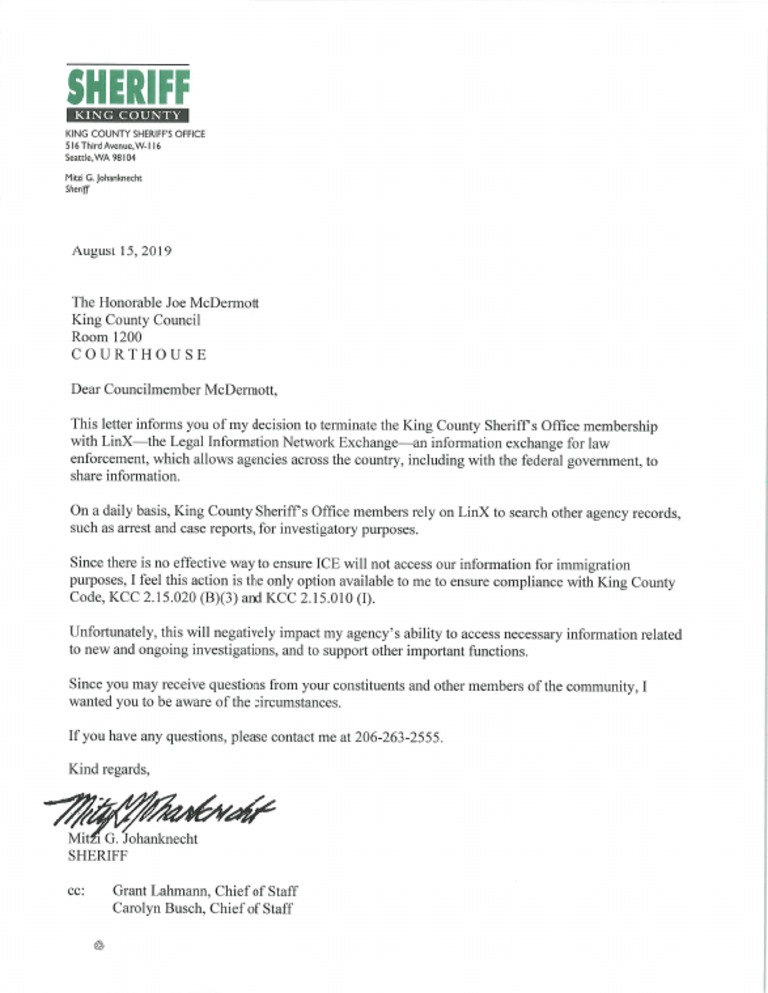 King County Sheriff Terminates LinX - Letter | PDF