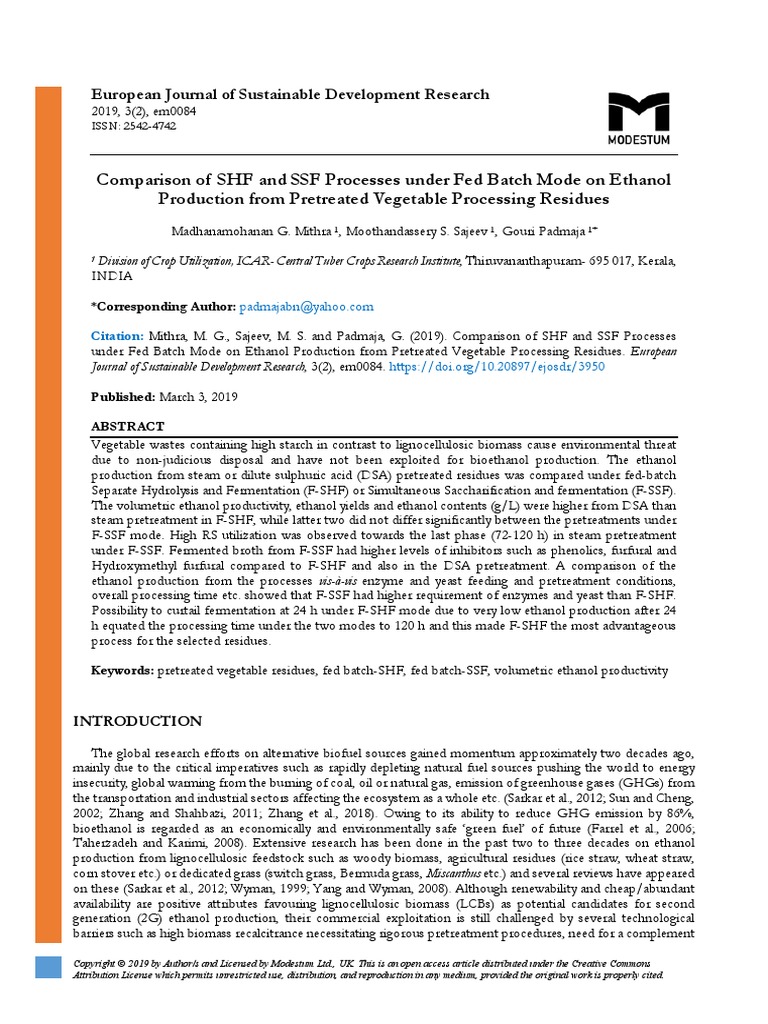 Comparison of SHF and SSF Processes Under Fed Batch Mode On Ethanol ...