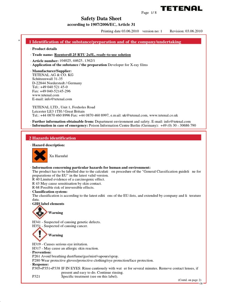 Safety Data Sheet: 1 Identification of The Substance/preparation and of The Company/undertaking ...