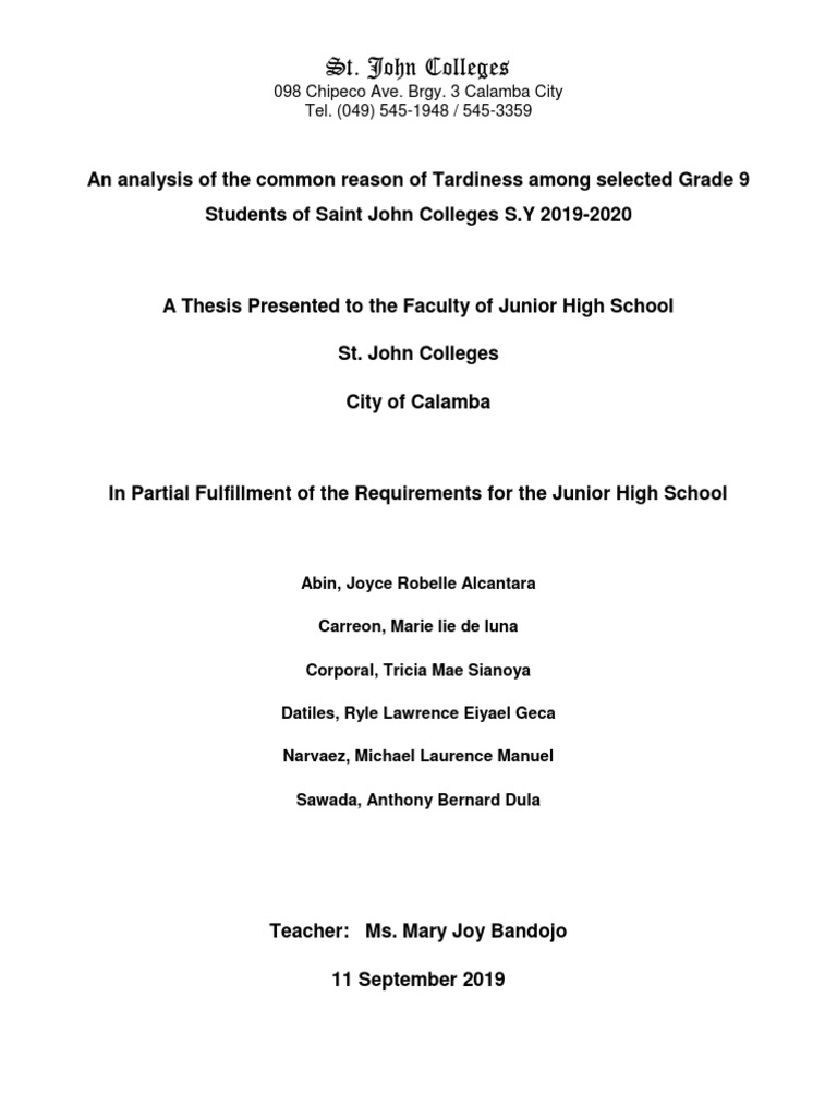 An Analysis of The Common Reason of Tardiness Among Selected Grade 9 ...