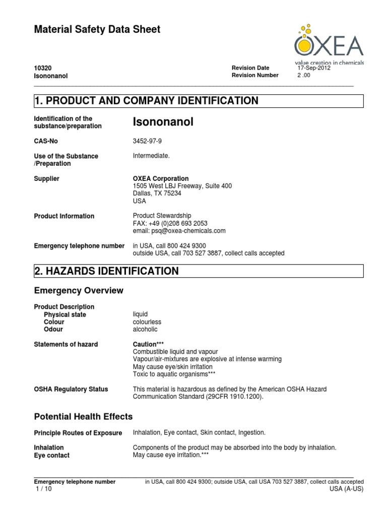Isononanol: Material Safety Data Sheet | PDF | Firefighting | Toxicity