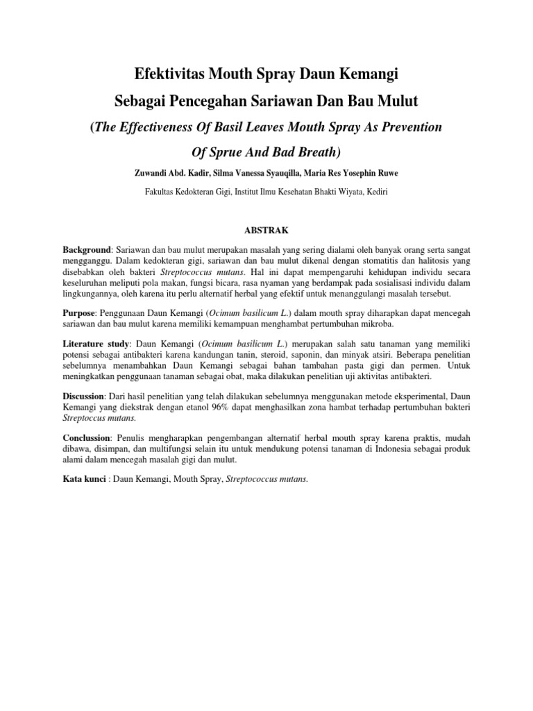 Efektivitas Mouth Spray Daun Kemangi Sebagai Pencegahan Sariawan Dan Bau Mulut | PDF