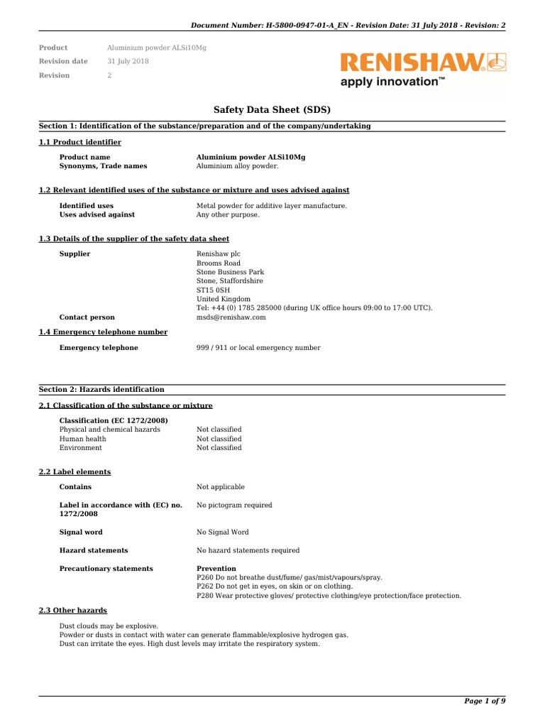 Safety Data Sheet (SDS) : Aluminium Powder Alsi10Mg 31 July 2018 2 ...