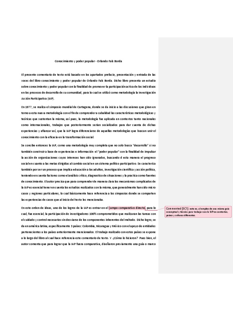 Comentario Conocimiento y Poder Popular | PDF | Conocimiento | Autor