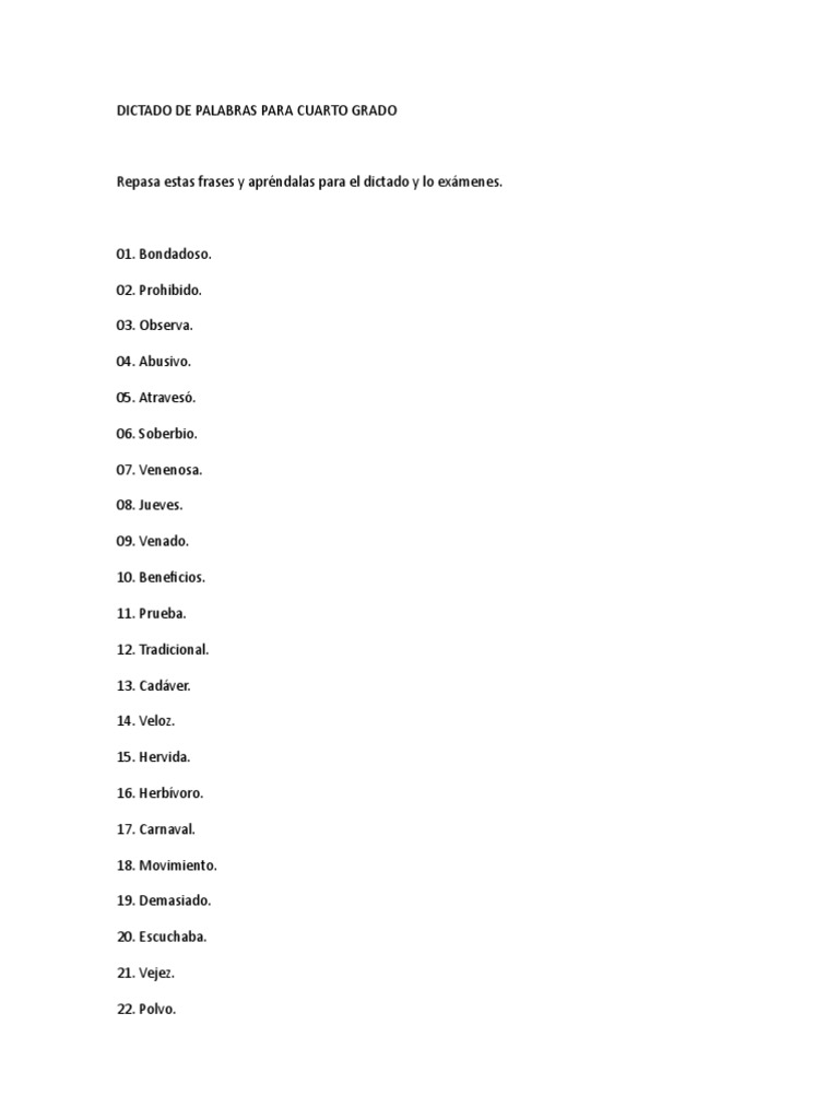 Dictado de Palabras para Cuarto Grado | PDF